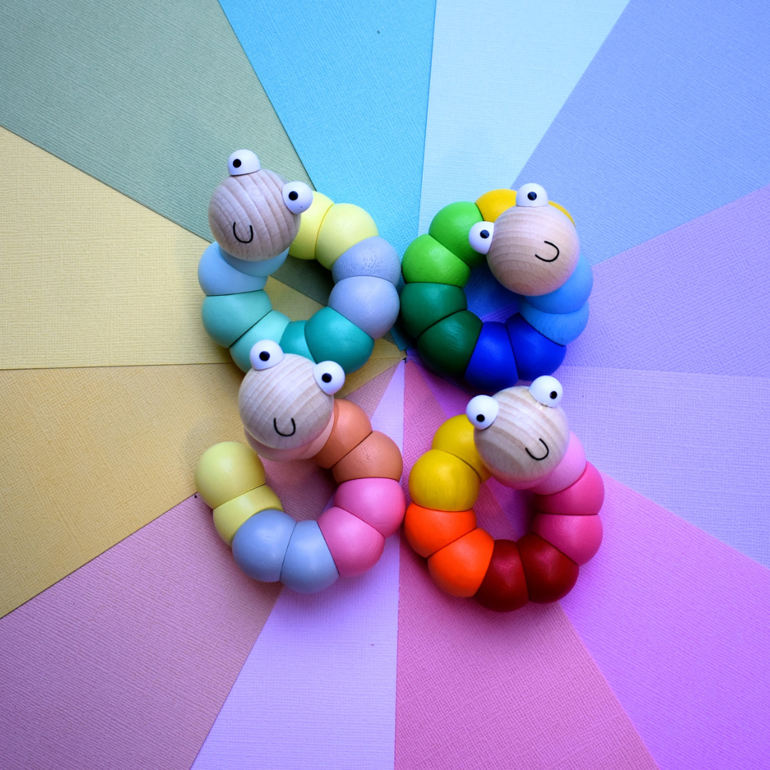 Wooden Jointed Worm- Bright or Pastel | Wooden Fidget Toys for Kids ...